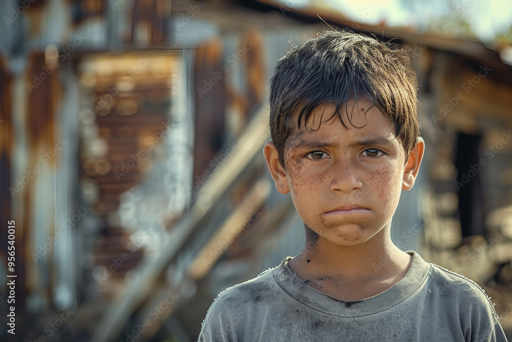 Homeless poor sad child kid in city park ruined town forest lawn all ...