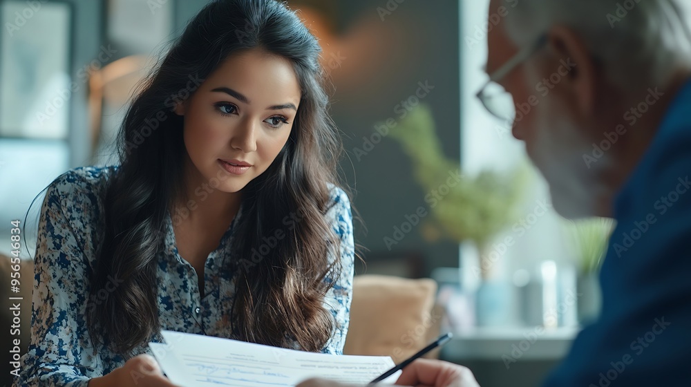 Focused female patient signing informed consent form while sitting on ...