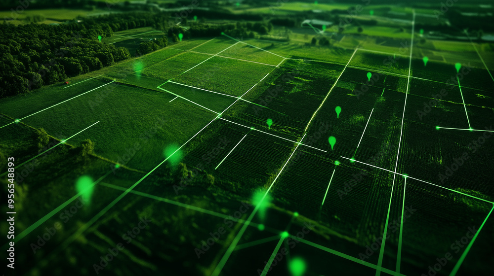 A top-down view of rural farmland, with vibrant green markers ...