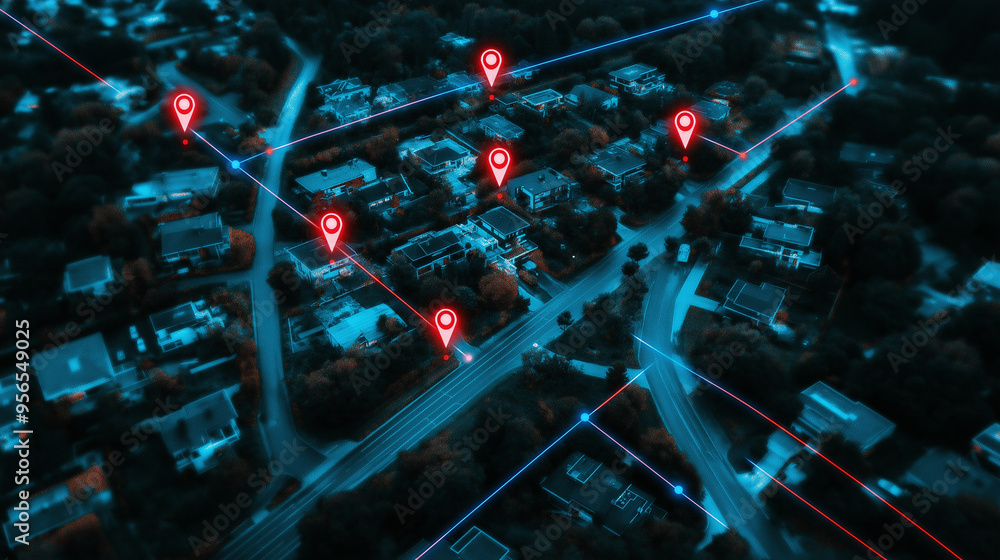 An aerial view of a suburban area, with bright red location markers ...