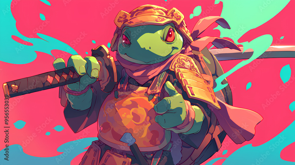 Cute turtle wearing Japanese samurai armor, cool poses, cute kawaii ...