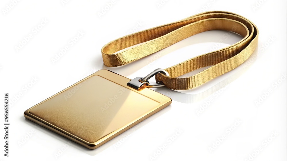 Shiny gold media press badge with a black lanyard, featuring a ...