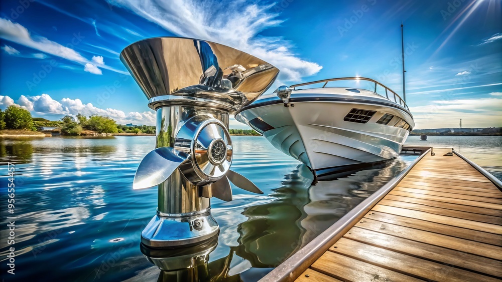 Shiny metal outboard motor propeller and engine components visible on ...