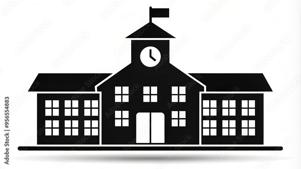 Simple black icon of a traditional one-story school building with a ...