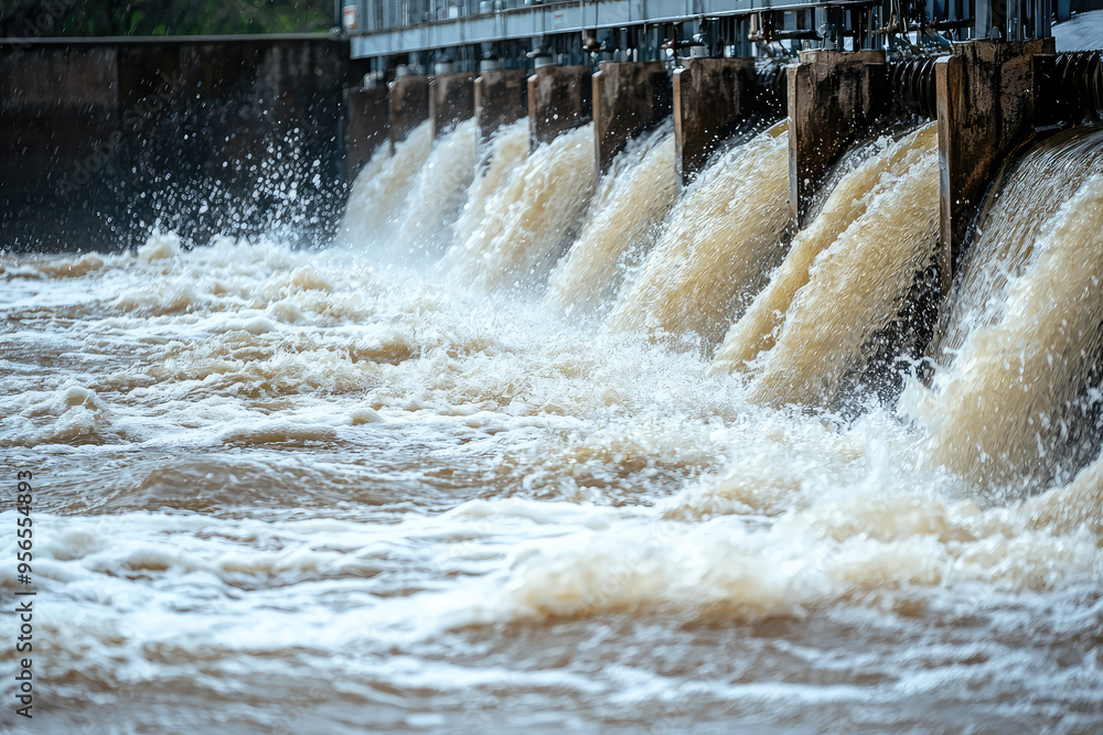 Turbulent Release: A dam's gates unleash a powerful torrent of water ...