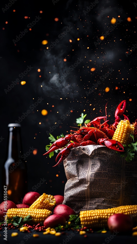 Cajun crawfish boil laid out on newspaper, with corn on the cob and red ...