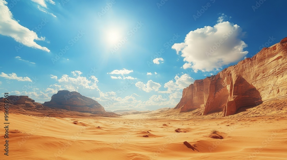 midday desert scene with the sun blazing high above, casting harsh ...