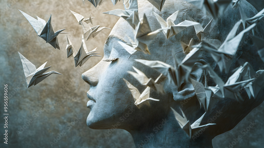 A head dissolving into a flock of paper cranes, representing fragility ...