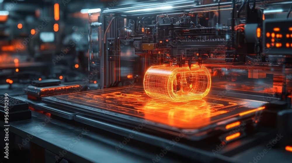 cyberpunk 3d printing workshop neonlit sla printer creating a glowing ...