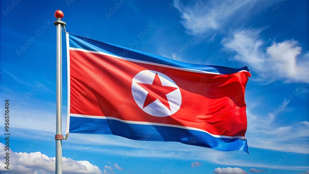 Vibrant red and blue North Korean flag waving in the gentle breeze, its ...