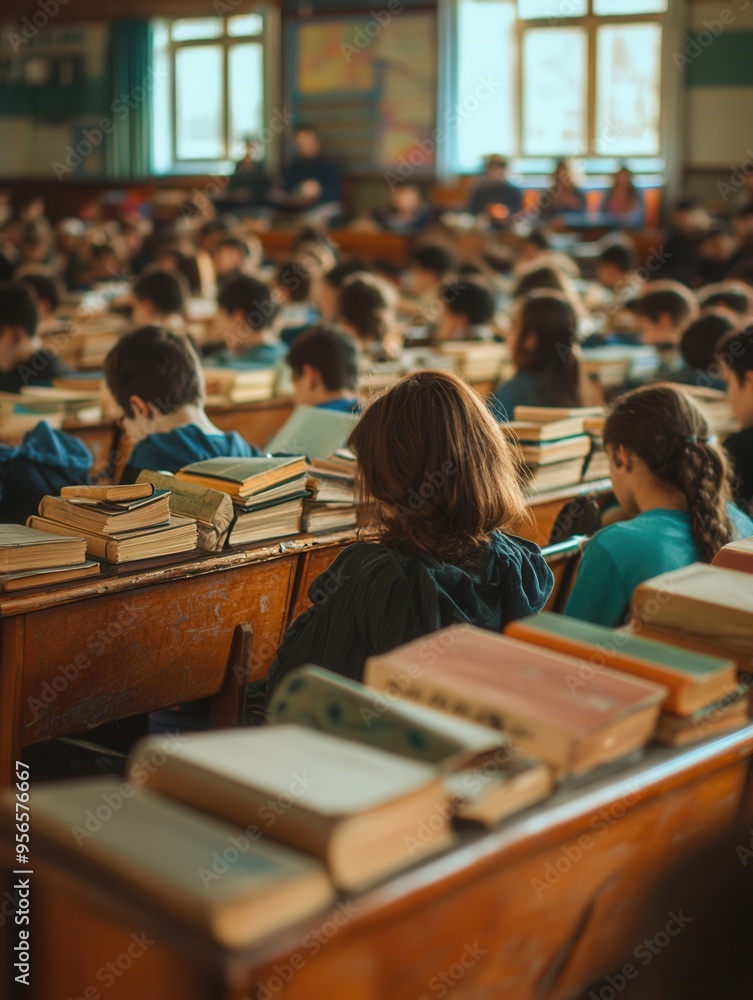 Students are engaged in learning in an overcrowded classroom surrounded ...