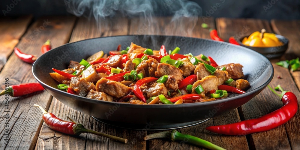 Stir fried pork with spicy chilli sauce in a sizzling wok, pork, stir ...
