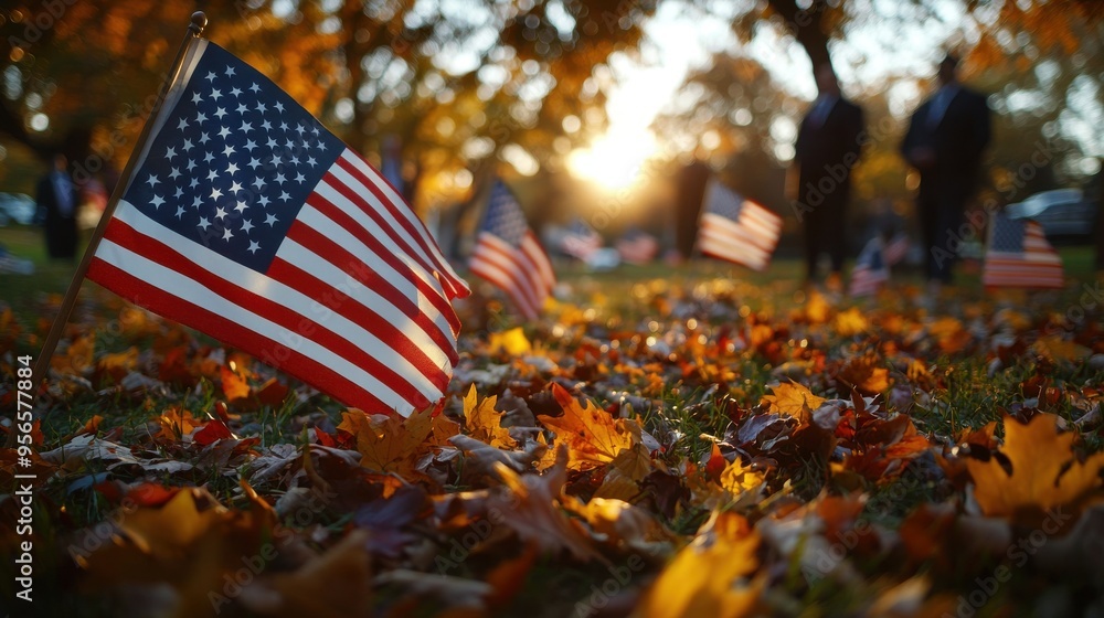 American flag and fallen soldiers at national ceremony, low-angle shot ...