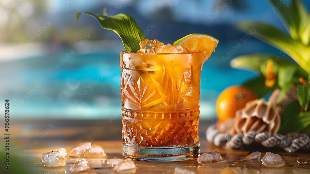 Classic Mai Tai with elaborate tiki garnish, served in a tiki mug on a ...