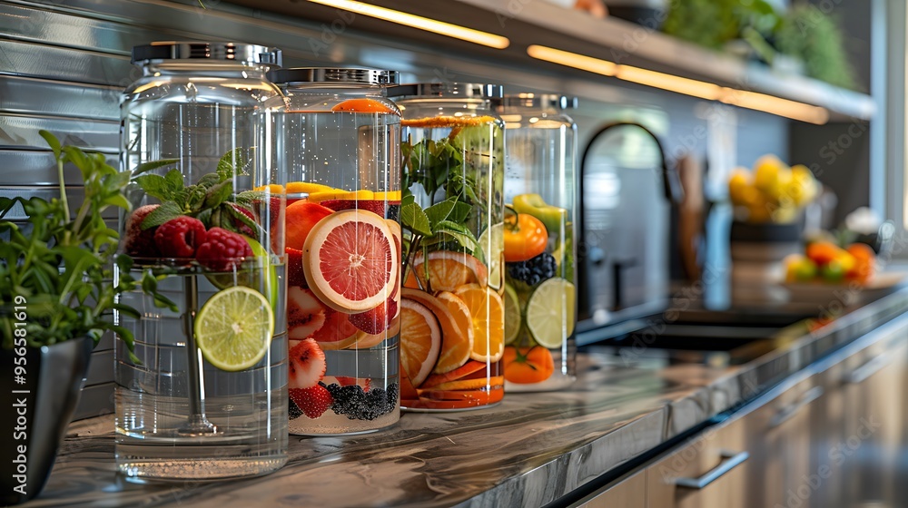 Colorful fruit-infused water dispenser setup, with fresh fruits and ...