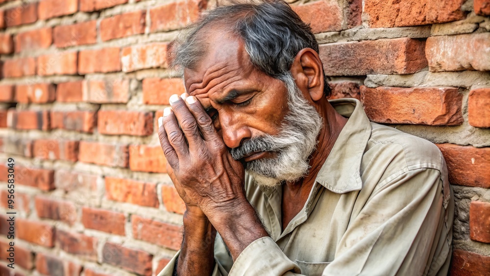 Weary Indian man slumps against a worn brick wall, his tired eyes ...