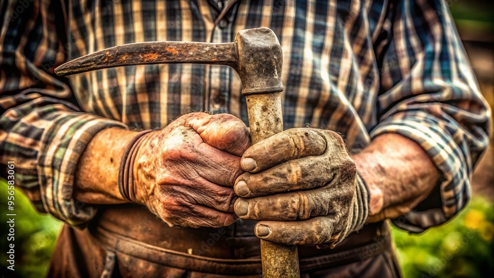 Weathered, gloved hand with dirt-encrusted fingernails and worn ...
