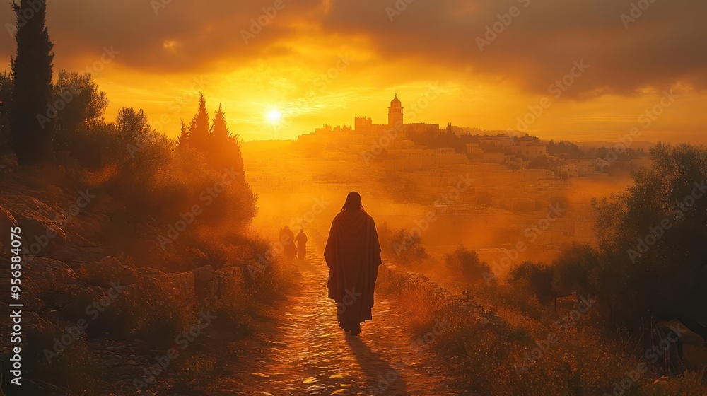 dusty path to jerusalem jesus walking golden hour light ancient city ...