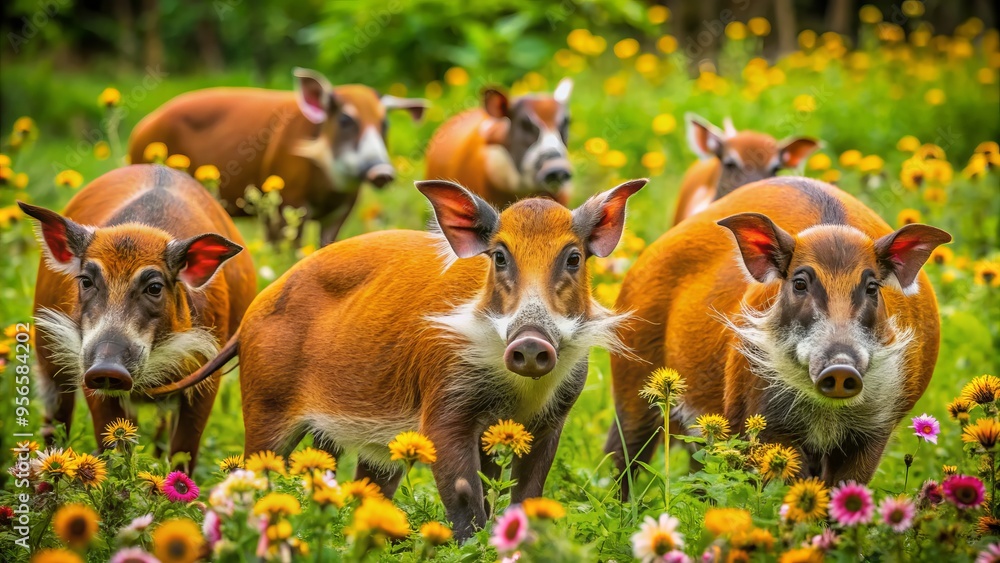 Wild red river hogs roaming freely in their natural habitat, surrounded ...