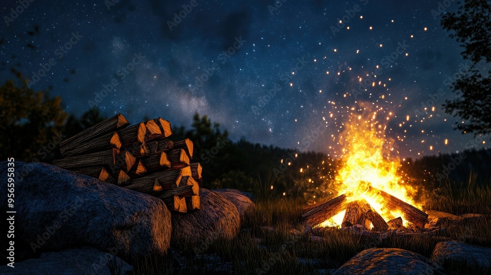 A stack of firewood beside a roaring campfire, with flames flickering ...