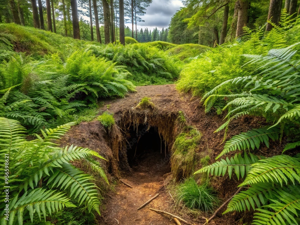 A rustic dirt entrance to a woodchuck burrow stands amidst tall grasses ...