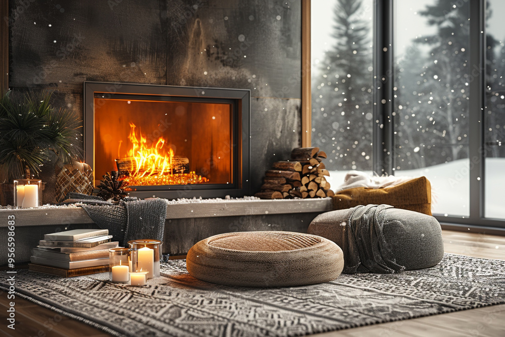 cozy living room of this smart home is a winter wonderland, with a ...