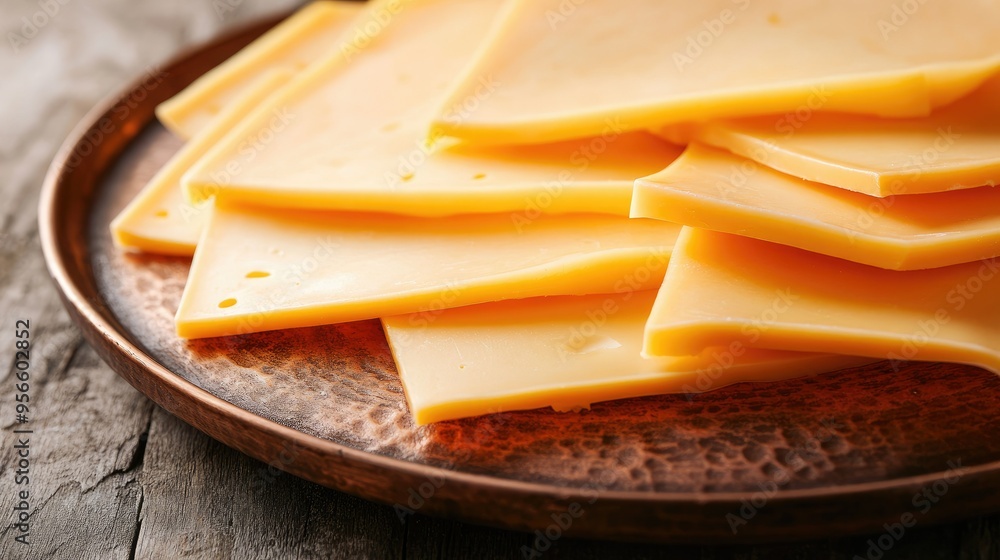 Fresh cheddar cheese slices arranged in a spiral pattern on a copper ...