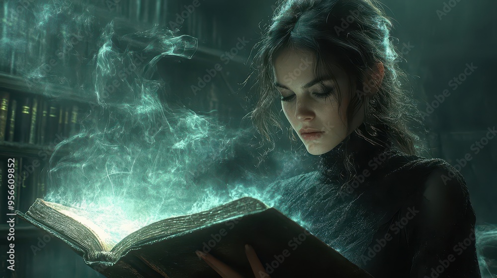 ethereal sorceress reading ancient tome swirling magical runes ghostly ...