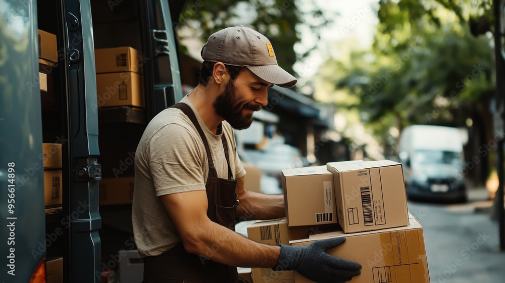 Delivery worker unloading packages from a delivery van outdoors. The ...