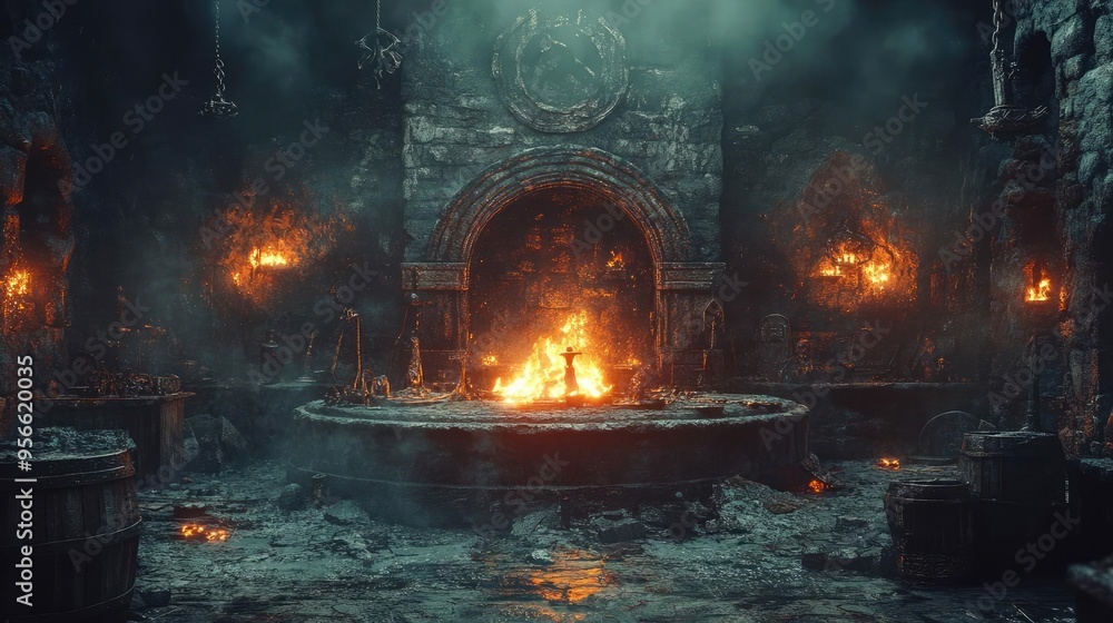 Magical blacksmith s forge, with enchanted weapons, glowing embers, and ...