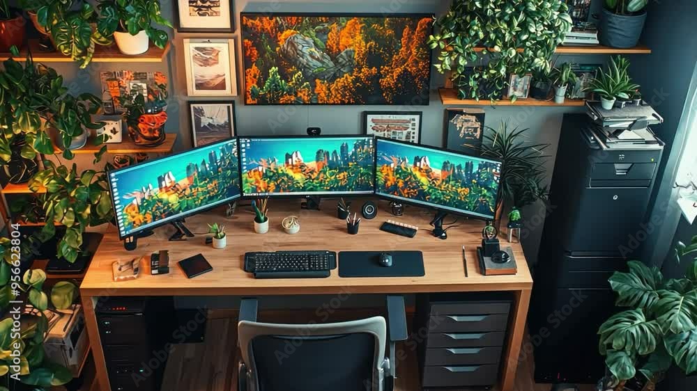 A creative workspace with a dual monitor setup, ergonomic chair, and ...