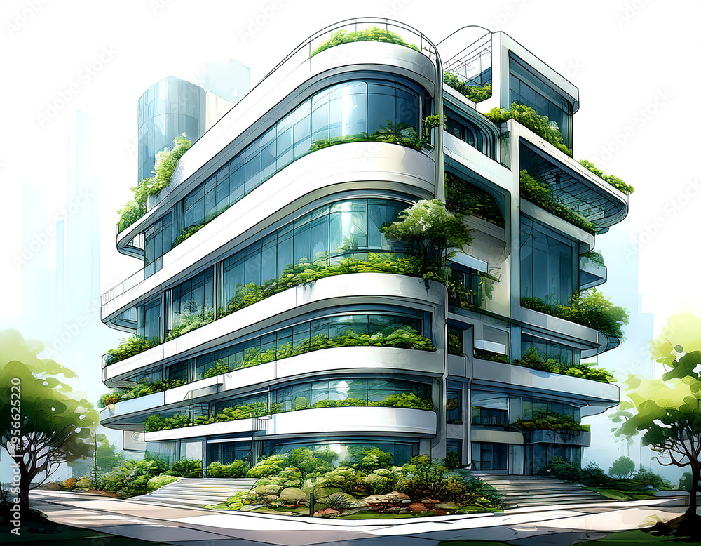 Eco-friendly, ultra-modern multi-story white glass building, featuring ...