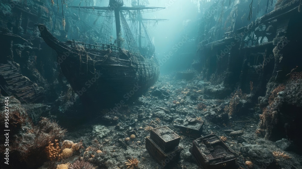 Sunken pirate ship graveyard, with overgrown coral, treasure chests ...