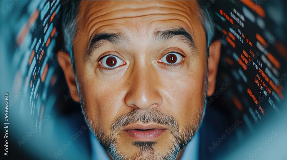 A surprised man gazes intensely with wide eyes, revealing a candid ...
