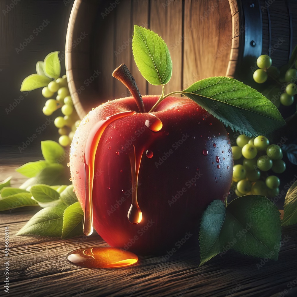 Red Apple with Honey Drip, Rustic Cider Barrel and Grapes, Fresh ...