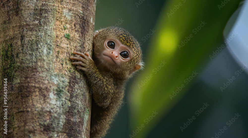 Pygmy marmoset, the smallest monkey in the world, clinging to a tree ...