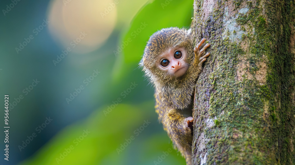 Pygmy marmoset, the smallest monkey in the world, clinging to a tree ...