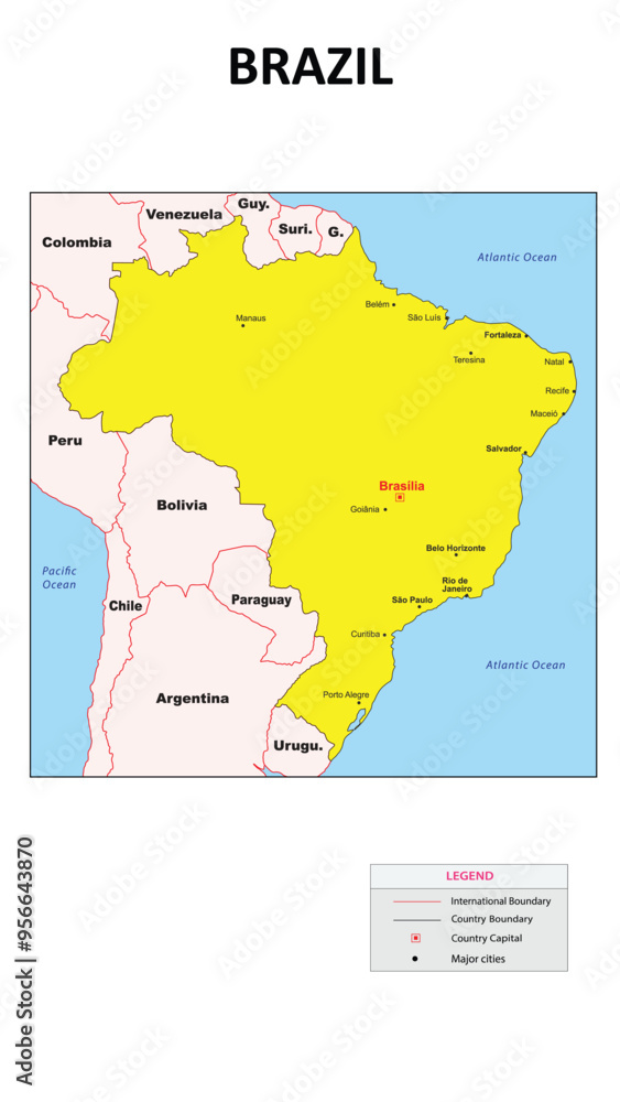Brazil Map. Major cities in Brazil. Political map of Brazil with border ...