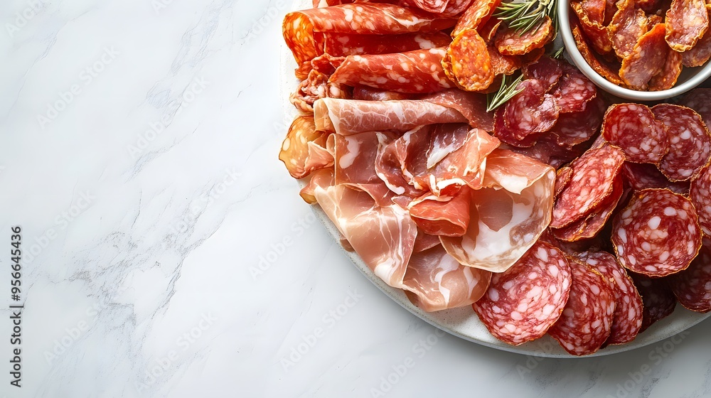 Assorted cured meats platter, charcuterie board, white marble ...