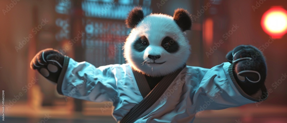 Anthropomorphic panda in martial arts pose with traditional attire and ...