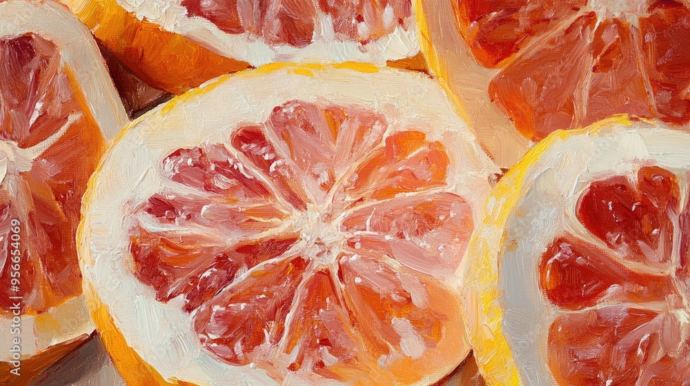 Close up oil painting of peeled pomelo slices featuring juicy red ...