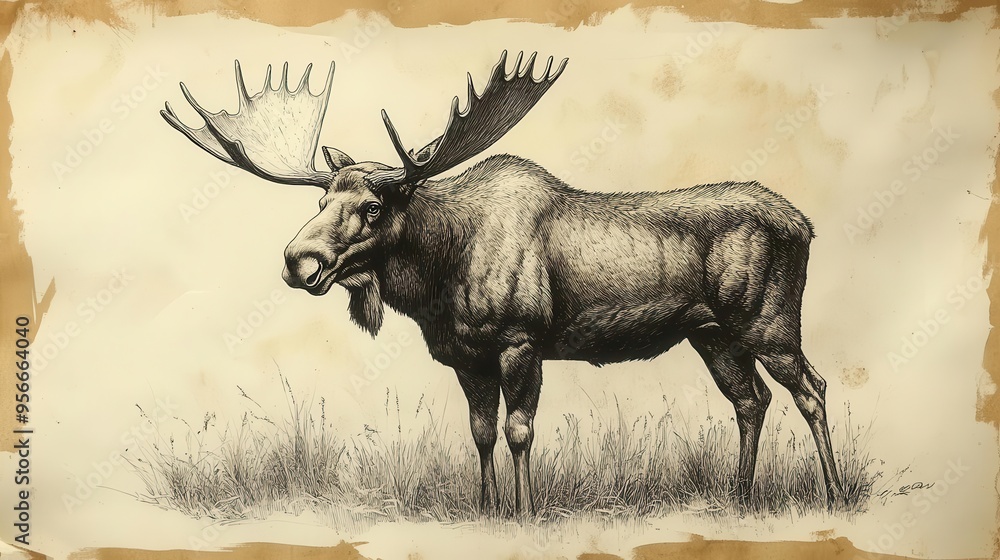 intricate pen and ink illustration of a noble moose fine line work ...