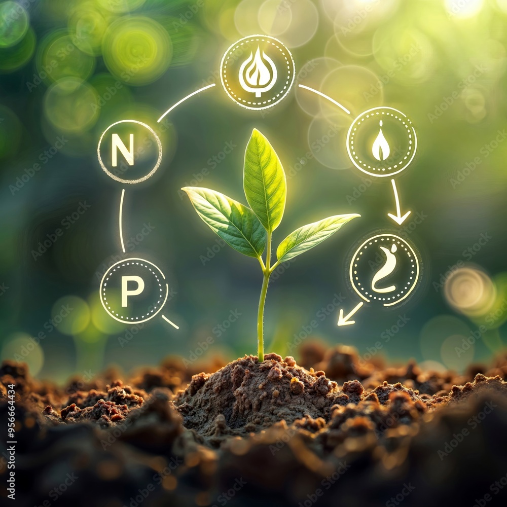 Nutrients for Growth. Description: A young plant sprouting in rich soil ...