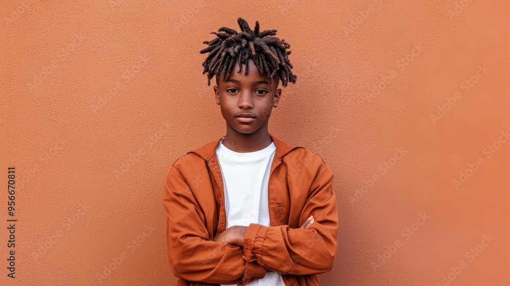 A boy with a cool, laid-back pose in urban wear, perfect for a campaign ...