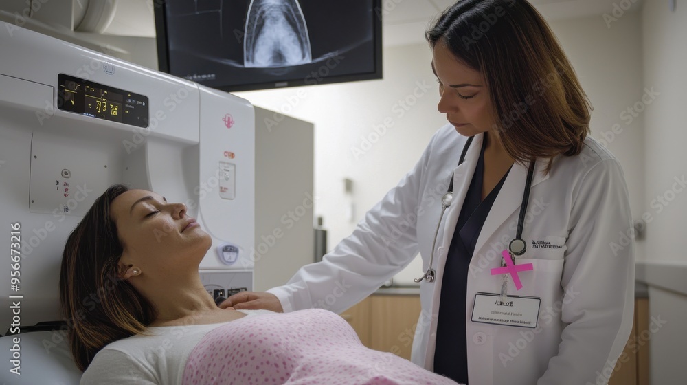 A high-tech imaging room with a patient lying on a table as a ...