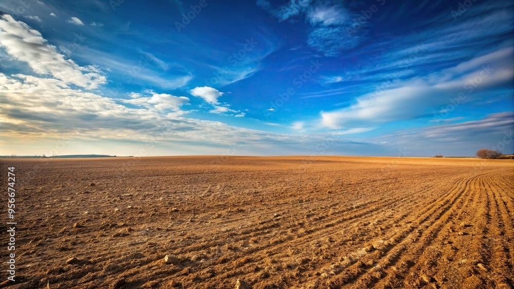 Barren brown field under a blue sky at a tilted angle, outdoors, blue ...