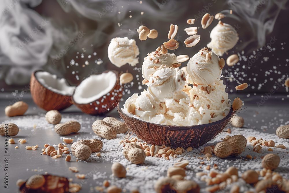 Scene of coconut ice cream, served in a halved coconut, with whipped ...