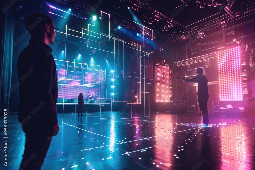 A theater director in a rehearsal space with an AI assistant as a ...