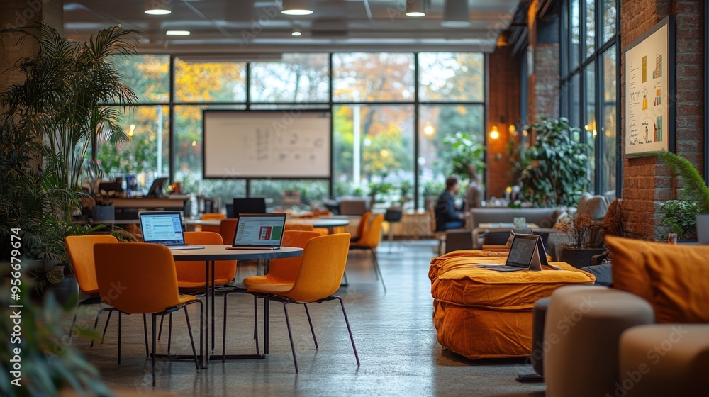 An open-plan office with collaborative workspaces designed for team ...