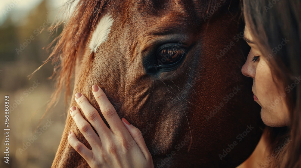 A woman is hugging a horse. The horse has a white spot on its face. The ...